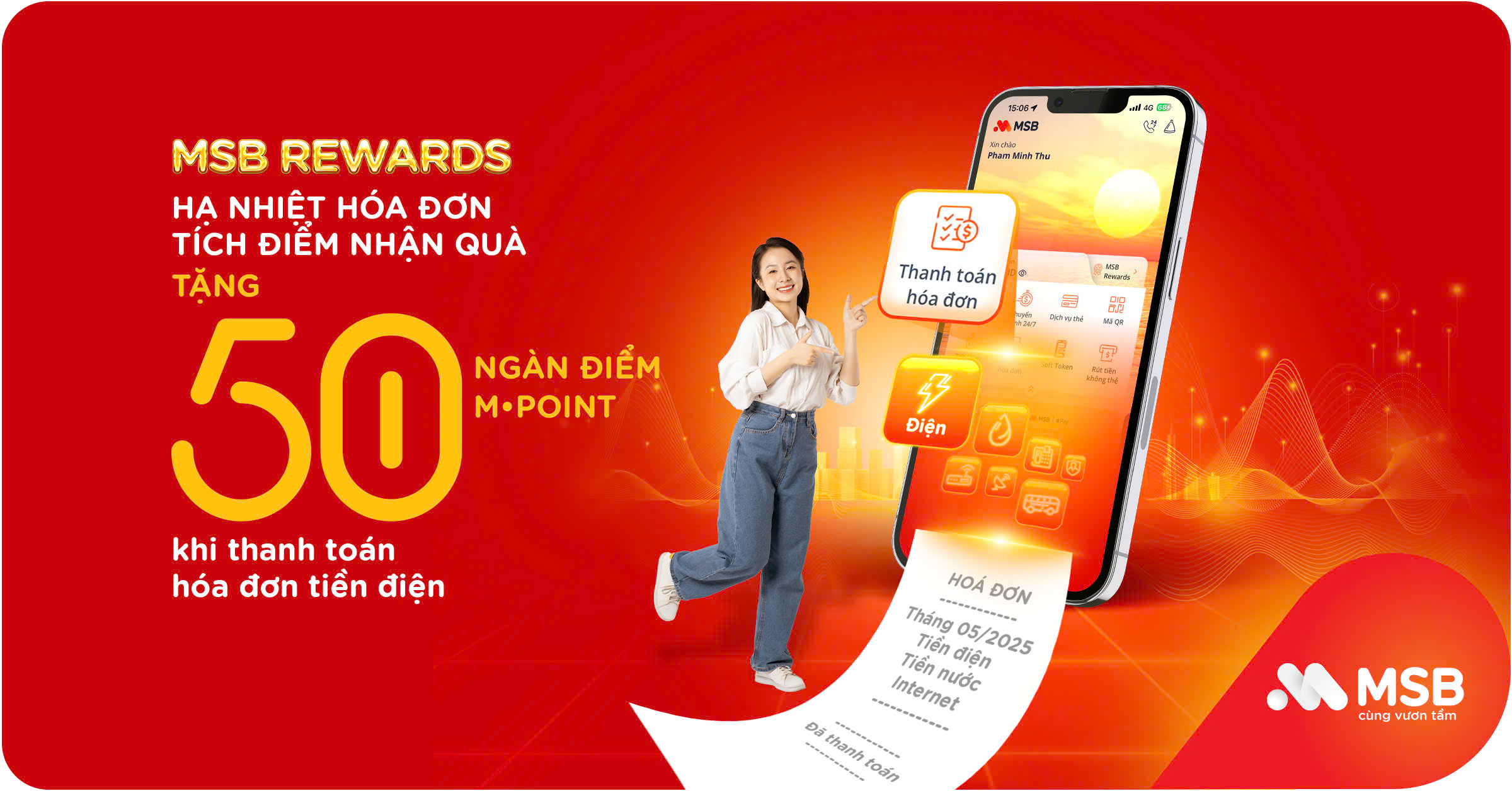MSB Rewards tặng 50.000 M-Point khi thanh toán hóa đơn điện
